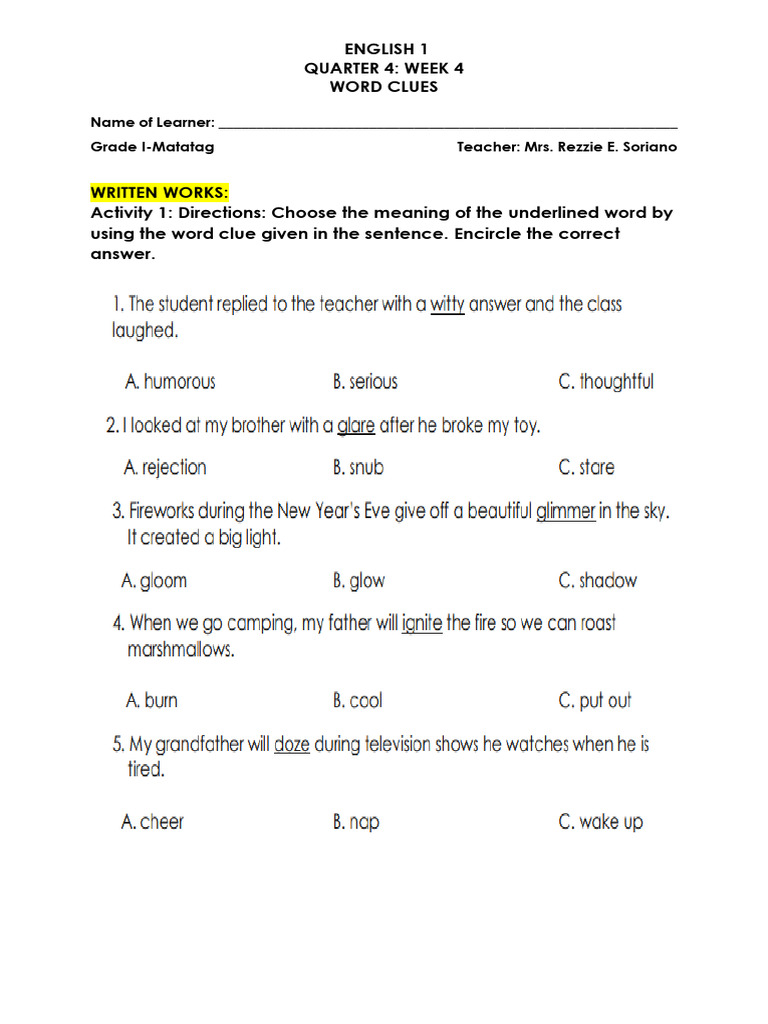 MDL-Activity-Sheet-ENGLISH-Q4-W4-Gr1-Matatag | PDF