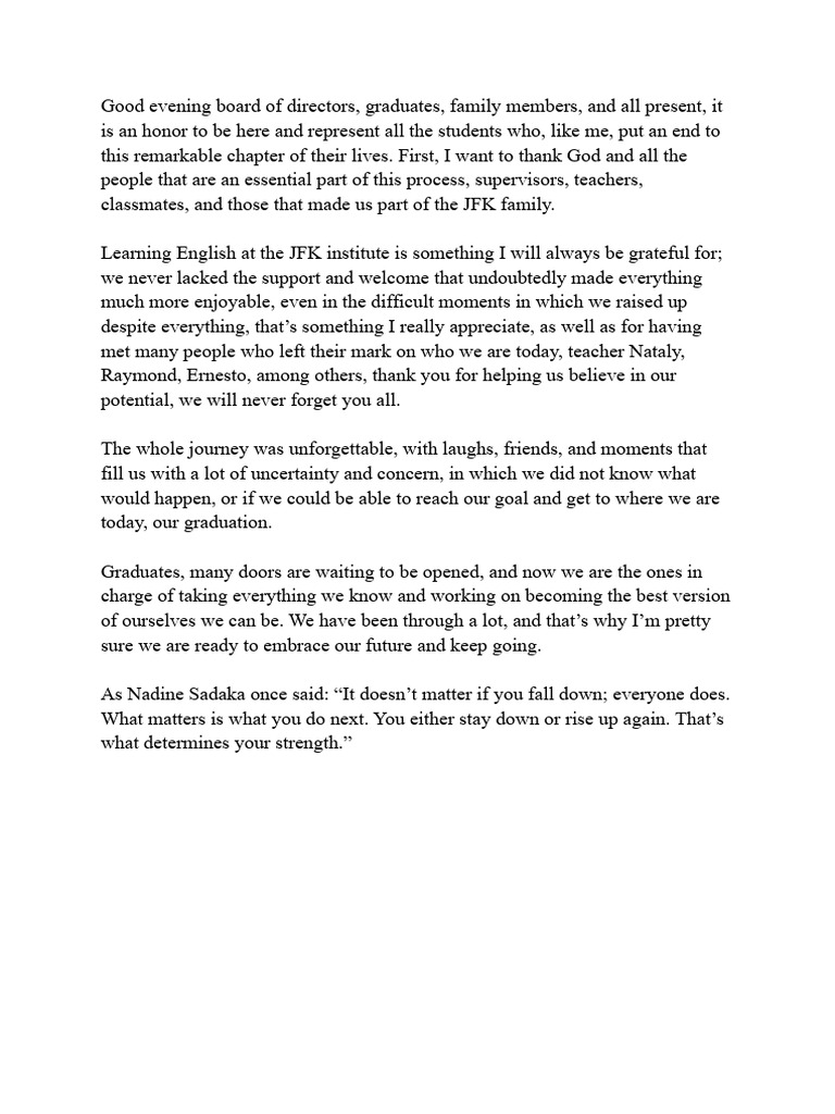 Graduation Speech for JFK Institute | PDF