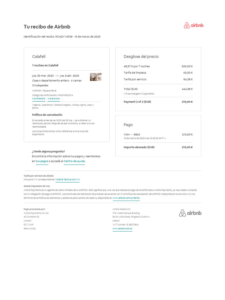 Recibo de Viaje de Airbnb RC4QYY4P29 | PDF | Airbnb | Empresas