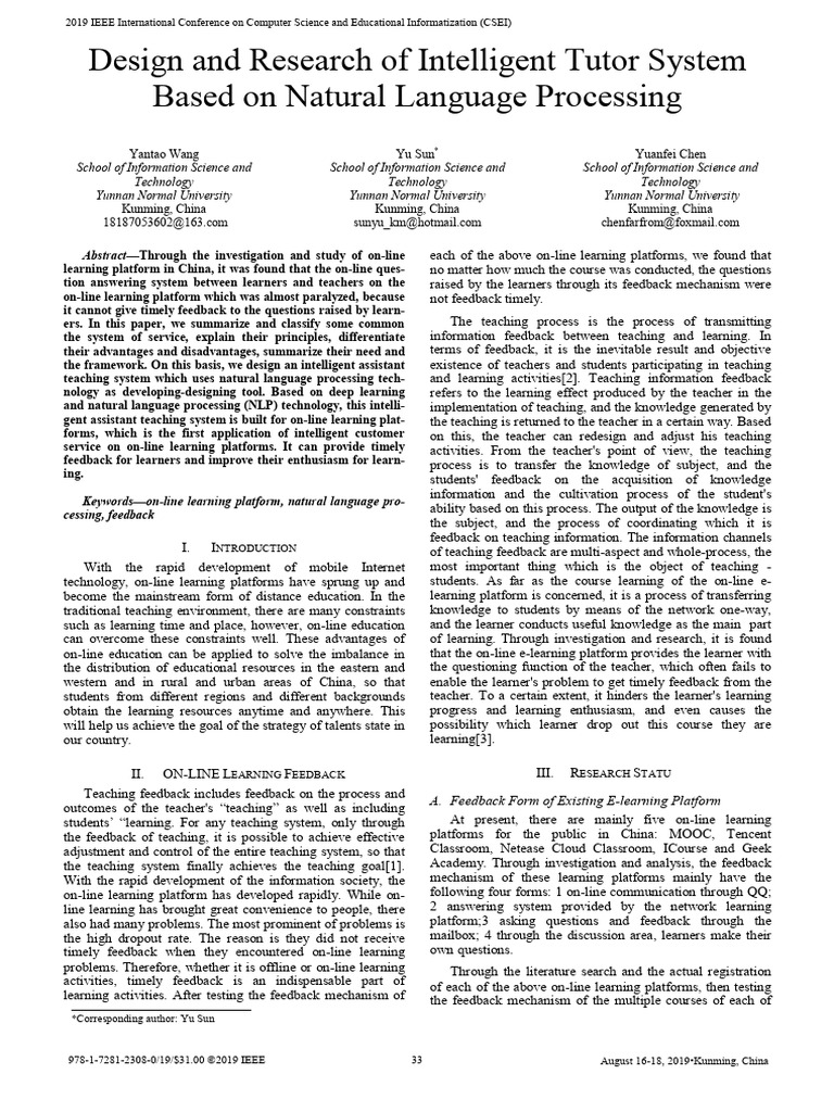 Design and Research of Intelligent Tutor System Based on Natural Language Processing | PDF ...