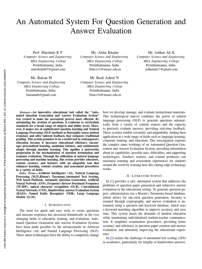 An Automated System For Question Generation and Answer Evaluation | PDF ...