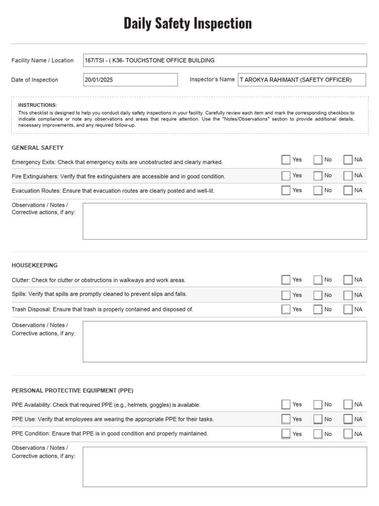 Daily Safety Inspection 1 | PDF | Occupational Safety And Health | Safety