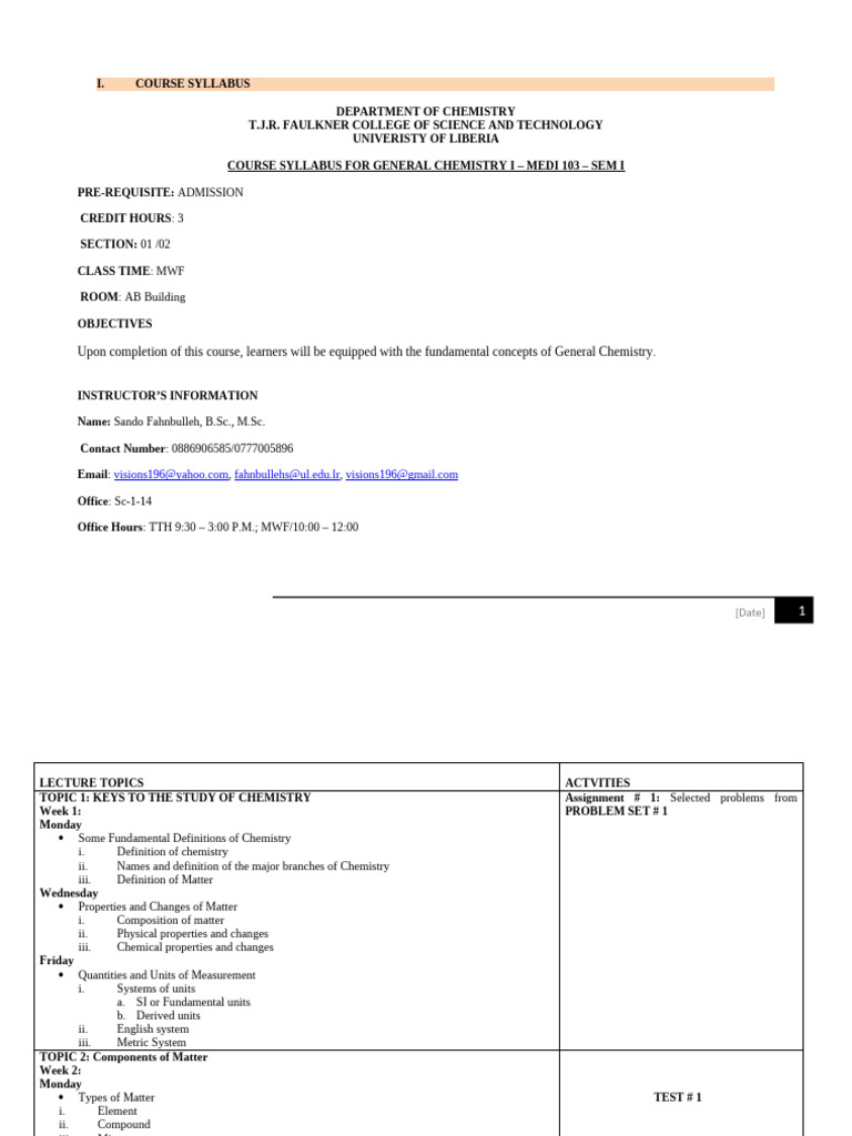 Medi 103 Course Syllabus | PDF | Stoichiometry | Salt (Chemistry)