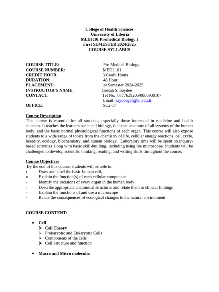 Pre-Med Biology MEDI 101 Sem I Course Syllabus 2024-2025 | PDF ...