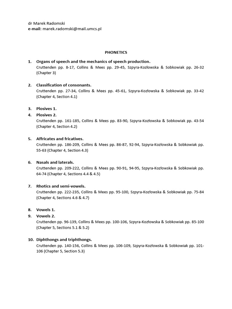 Phonetics Course Overview and Requirements | PDF | Phonetics | Consonant