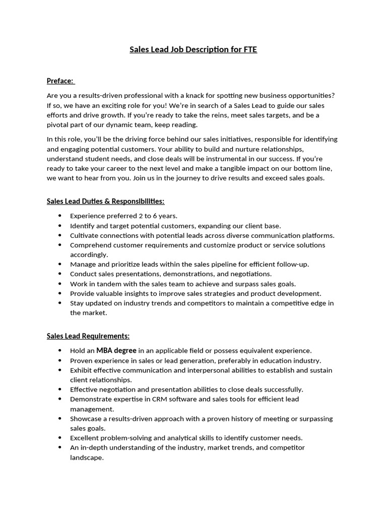 Full Time With 2 To 6 Years Sales Lead Job Description | PDF | Sales ...
