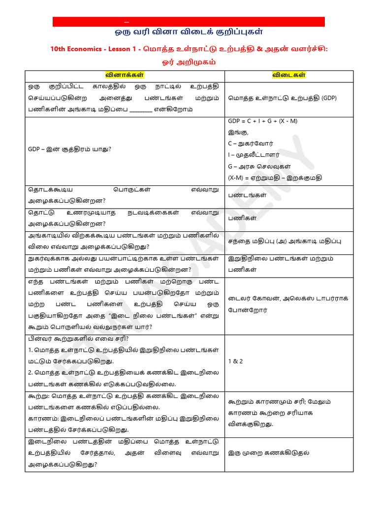 3. 10th Economics - Unit 1 - மொத்த உள்நாட்டு உற்பத்தி | PDF