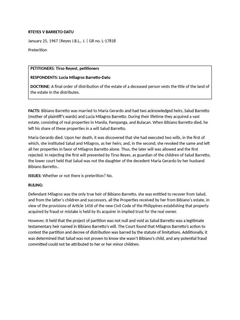 Preterition in Barretto-Datu Estate Case | PDF