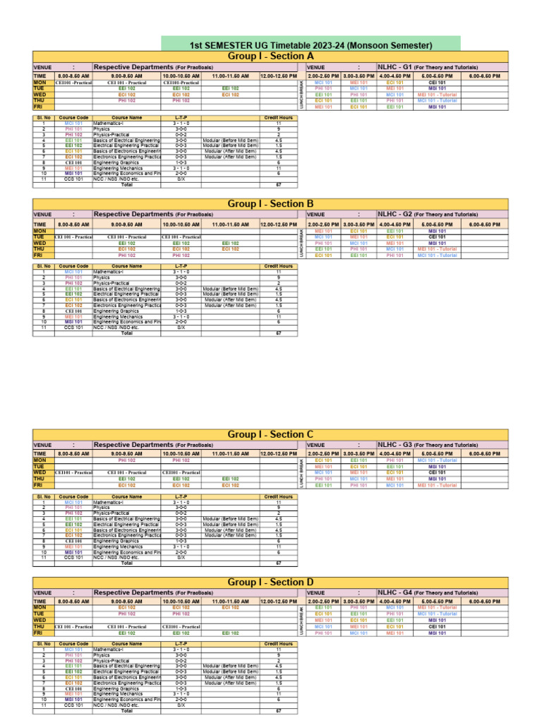 1st Semester UG Timetable | PDF | Electronic Engineering | Electrical Engineering