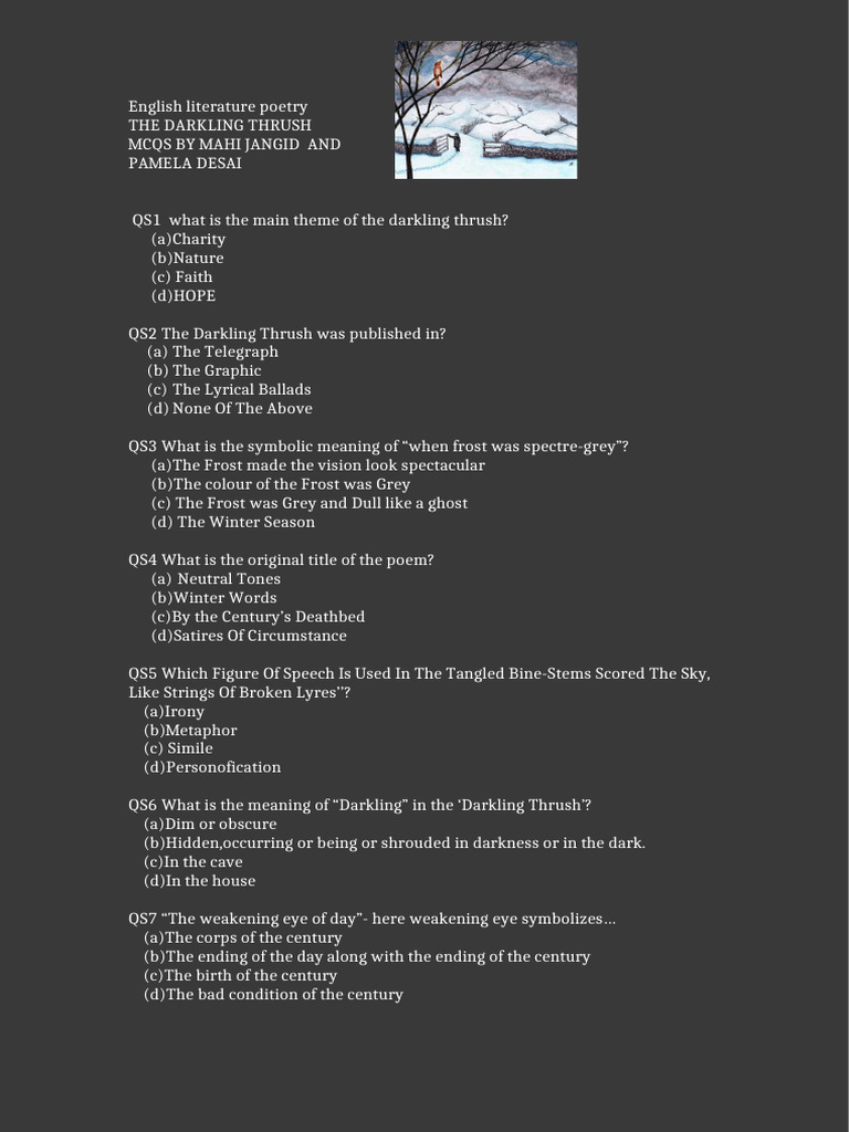 The Darkling Thrush Mcqs by Pamela-2 | PDF