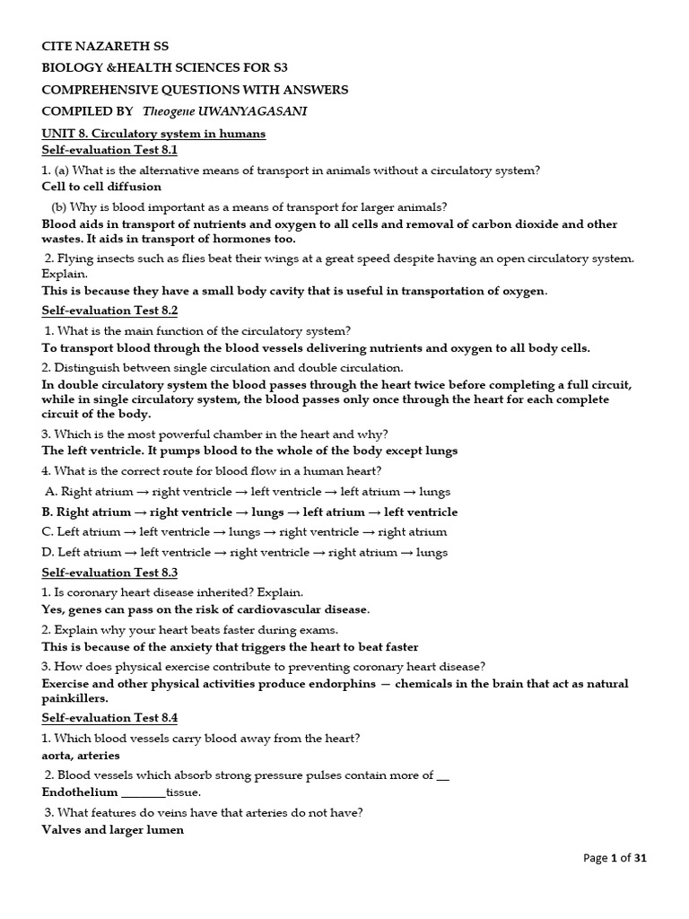 Biology S3 Comprehensive Questions | PDF | Reproduction | Artery
