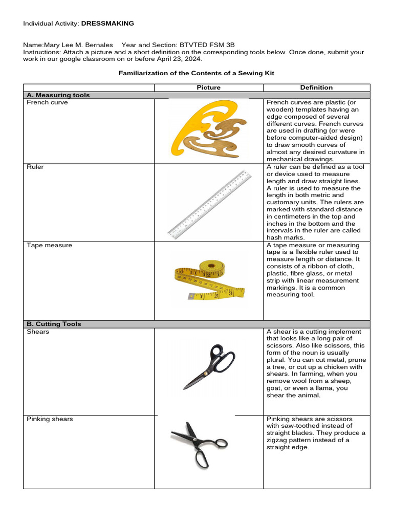 Home Economics Individual Activity Dressmaking | PDF | Sewing | Yarn