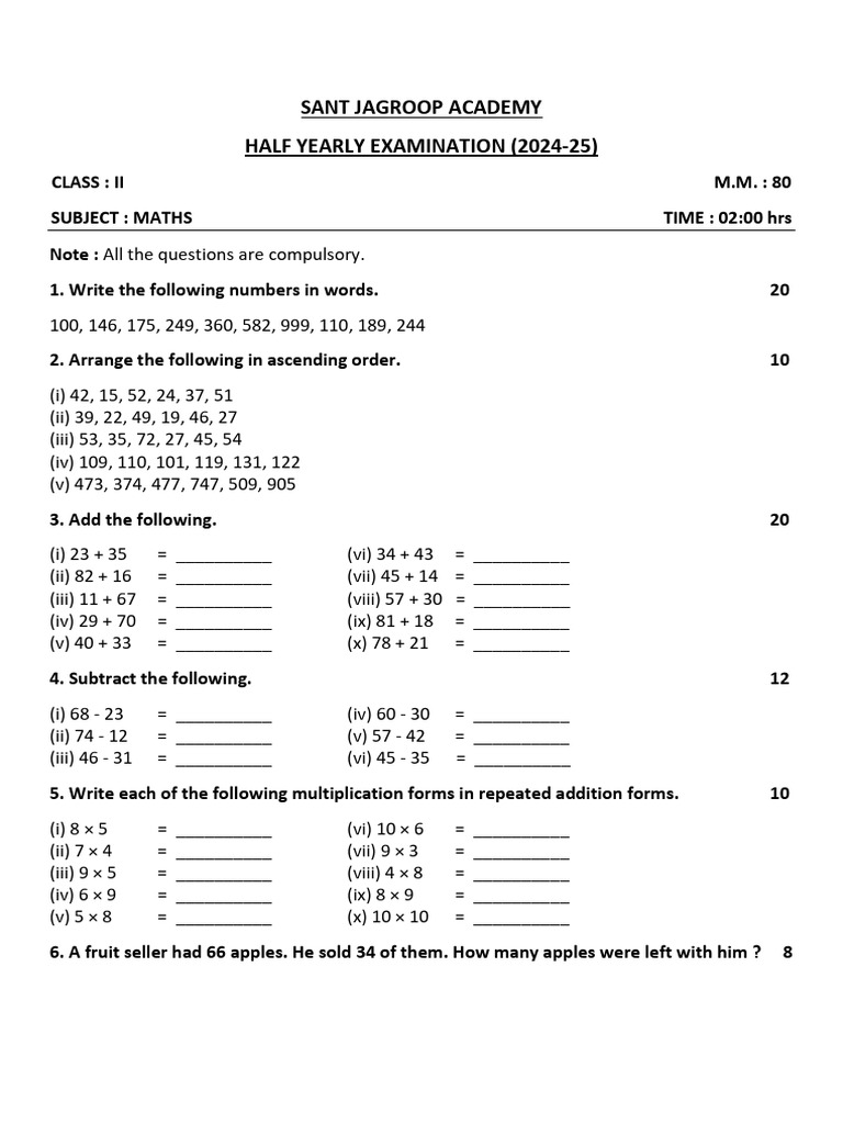 Class II Maths Half Yearly Exam 2024-25 | PDF