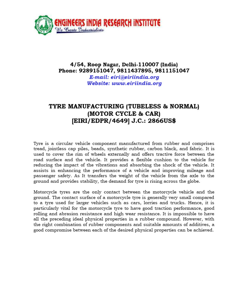 Project Report On TYRE MANUFACTURING (TUBELESS & NORMAL) (MOTOR CYCLE ...