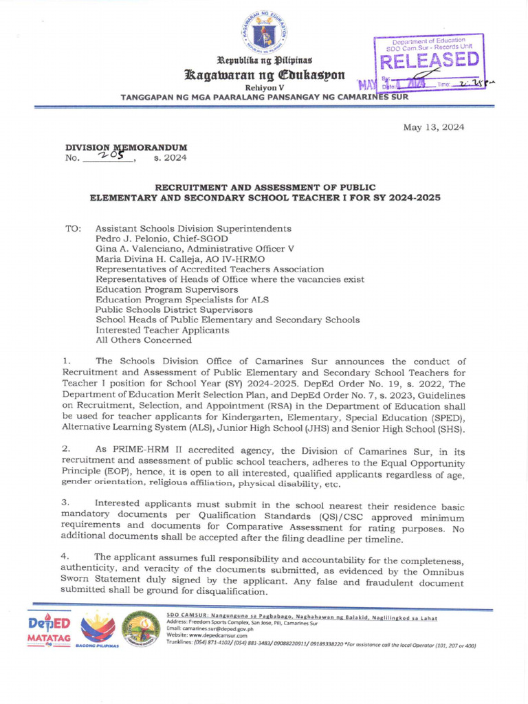 Memo No. 205 S. 2024 Recruitment and Assessment of Public Elem and ...