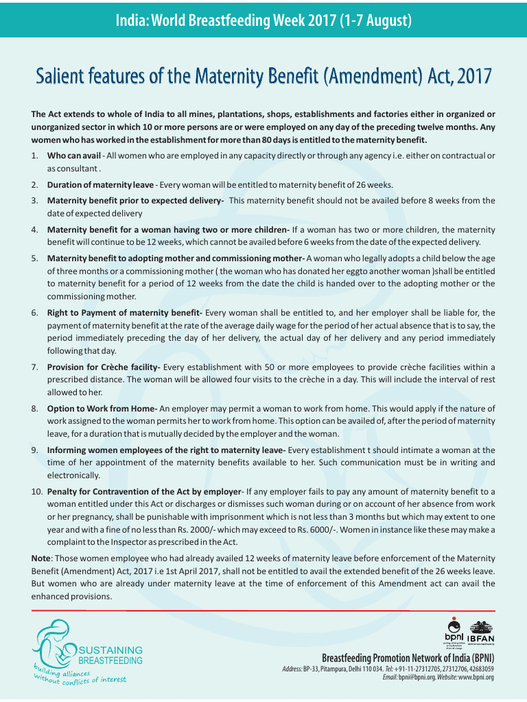 Salient Feature Maternity Benfit Act 2017 | PDF | Parental Leave ...