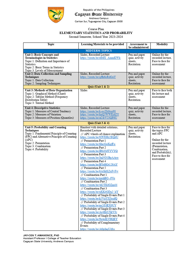 Updated Course Plan I Elementary Statistics and Probability | PDF ...