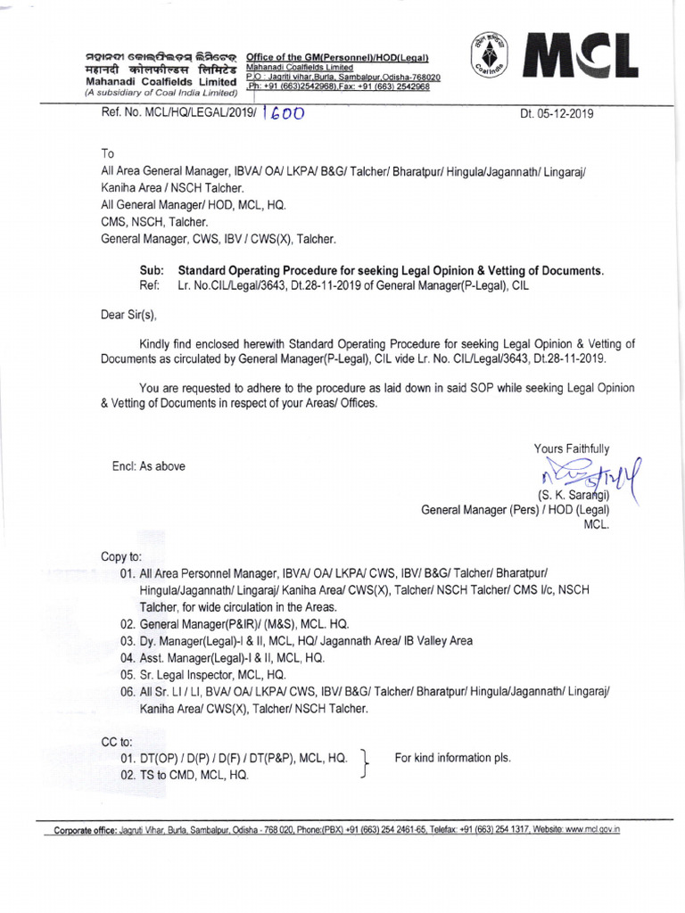 SOP For Seeking Legal Opinion in MCL | PDF | Advocate | Justice