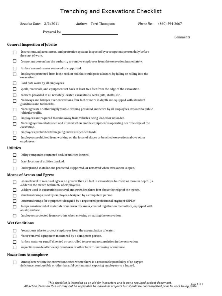 Trenching and Excavations Checklist X Ls | PDF | Occupational Safety ...