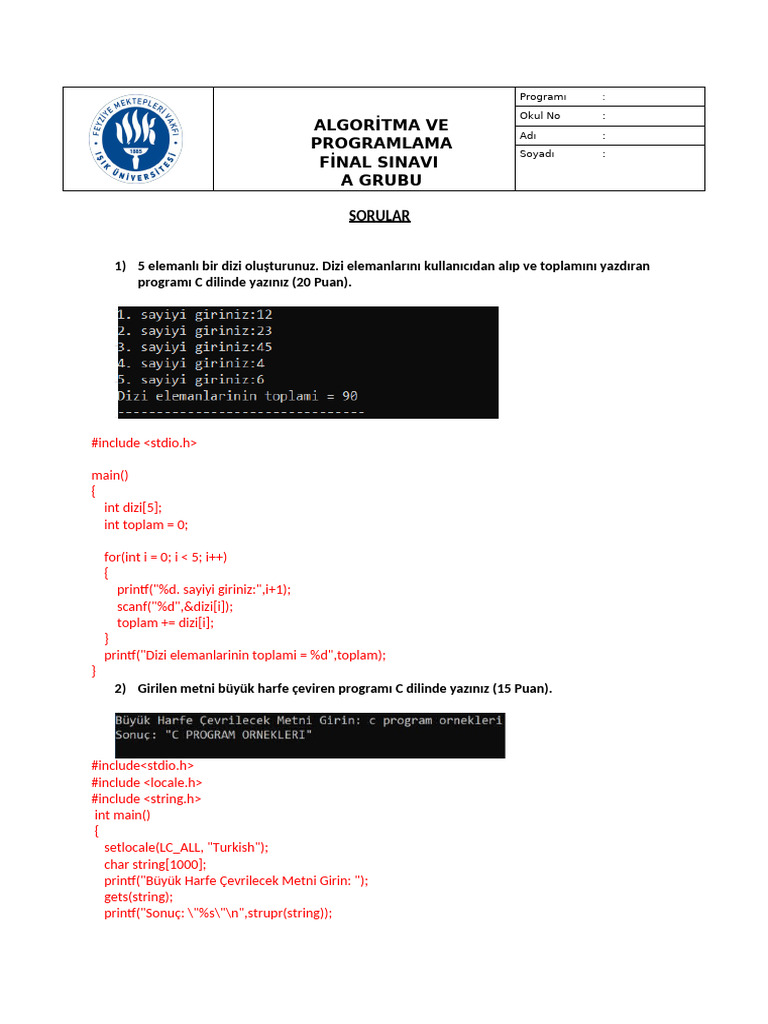 Algoritma ve Programlama-A Grubu | PDF