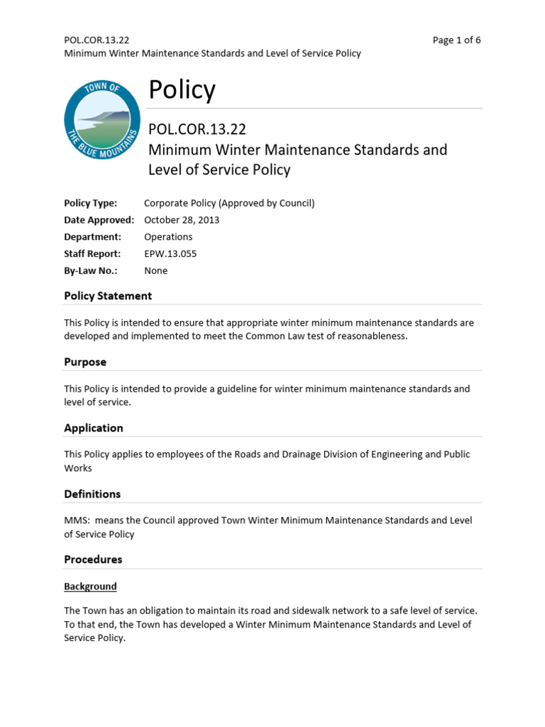 Winter Maintenance Standards Policy | PDF | Road | Snow