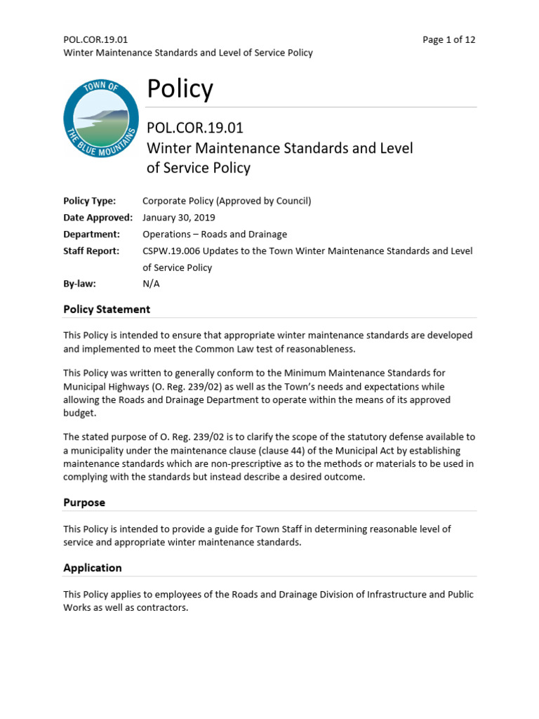 Winter Maintenance Standards and Level of Service Policy | PDF | Road | Snow