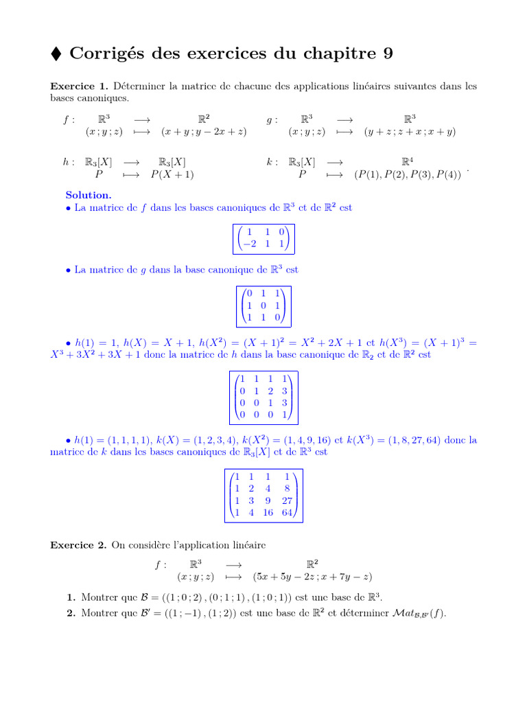 Corrigés des exercices de matrices | PDF | Base (algèbre linéaire ...