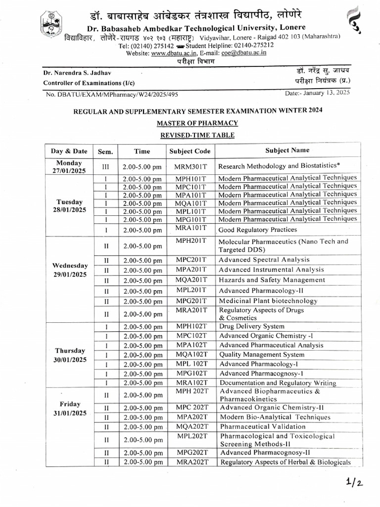 M.Pharmacy - Revised Time table (1) | PDF