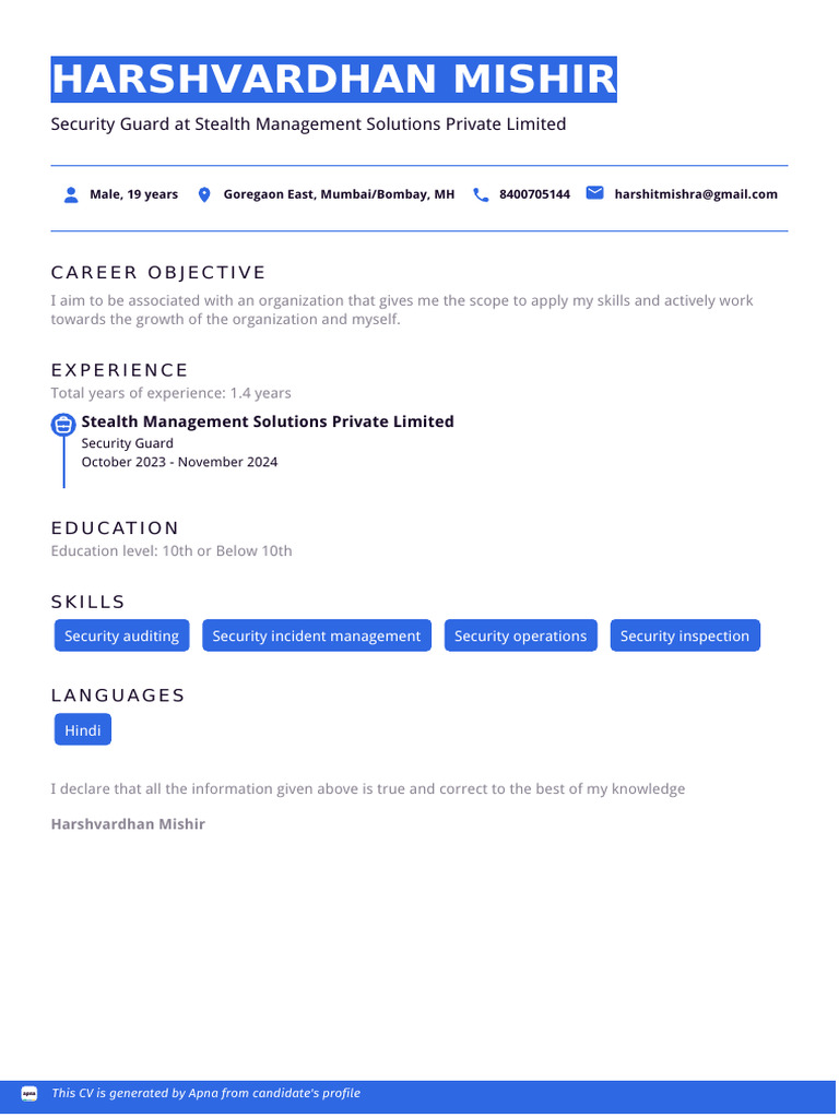 Harshvardhan Mishir Resume Apna | PDF