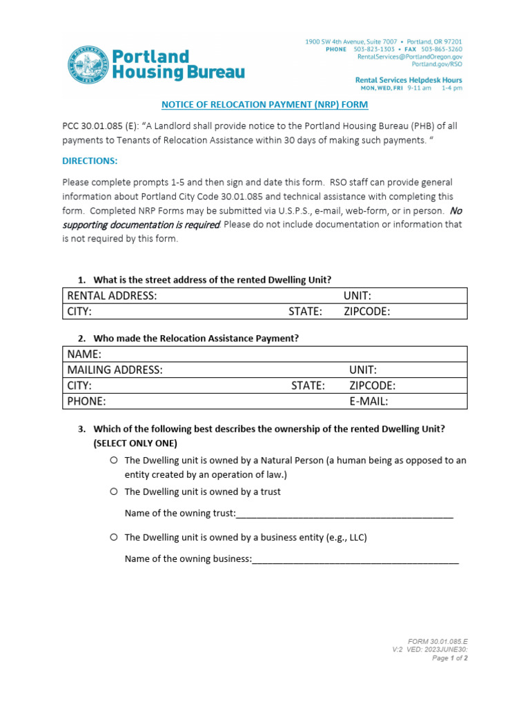 Portland Relocation Payment Notice Form | PDF | Landlord | Leasehold Estate