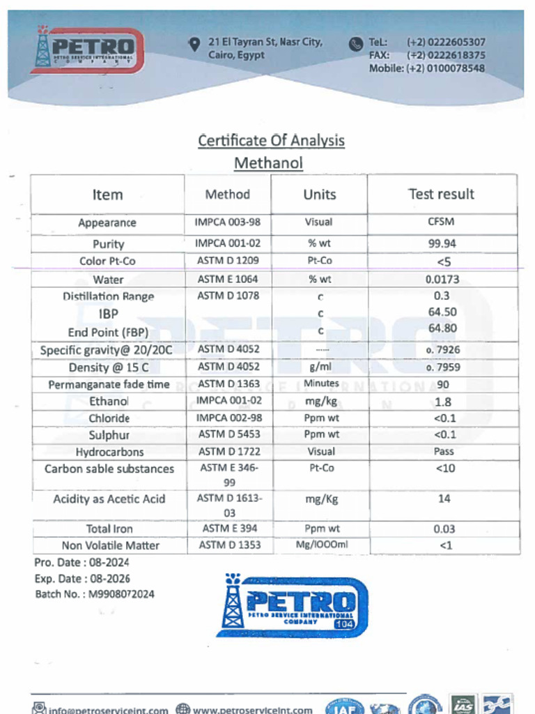 CERTIFICATE OF ANALYSIS METHANOL000 | PDF