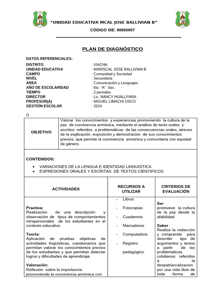 PLAN DE DIAG 6to A | PDF | Maestros | Cognición