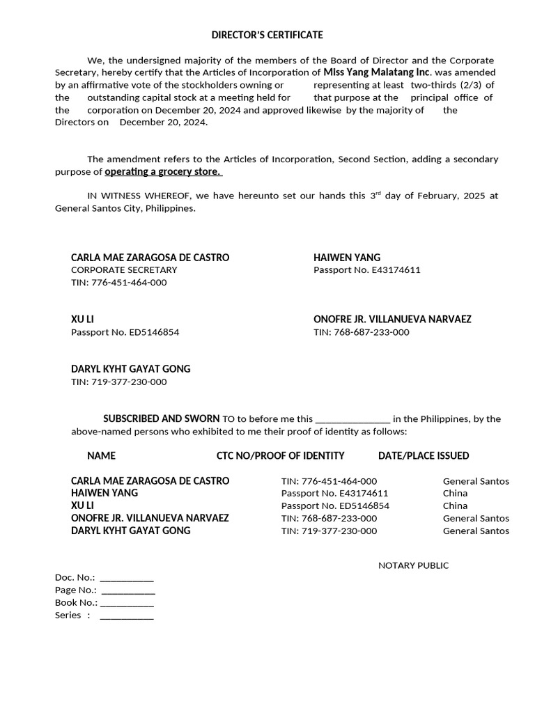 Directors Certificate For Sec | PDF