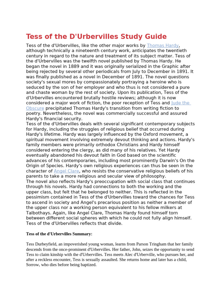 Tess of The D 'Urbervilles - Notes | PDF | Tess Of The D'urbervilles
