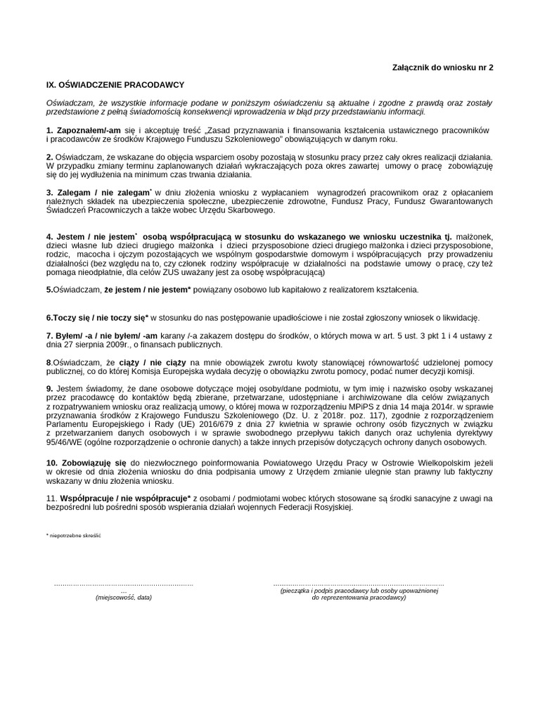 Załącznik Do Wniosku NR 2 - Oświadczenie Pracodawcy | PDF
