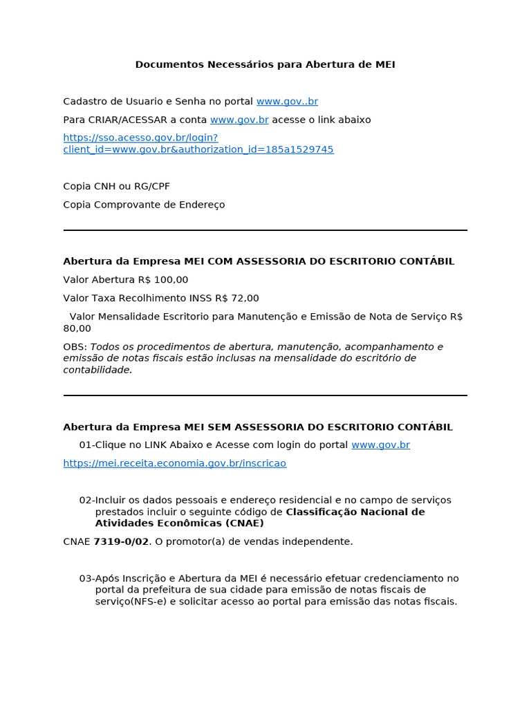 Documentos Necessários para Abertura de MEI | PDF