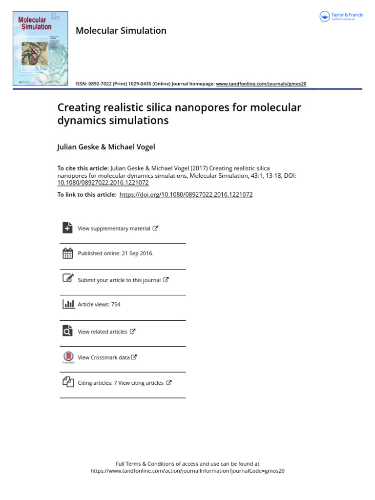 Creating Realistic Silica Nanopores For Molecular Dynamics Simulations ...