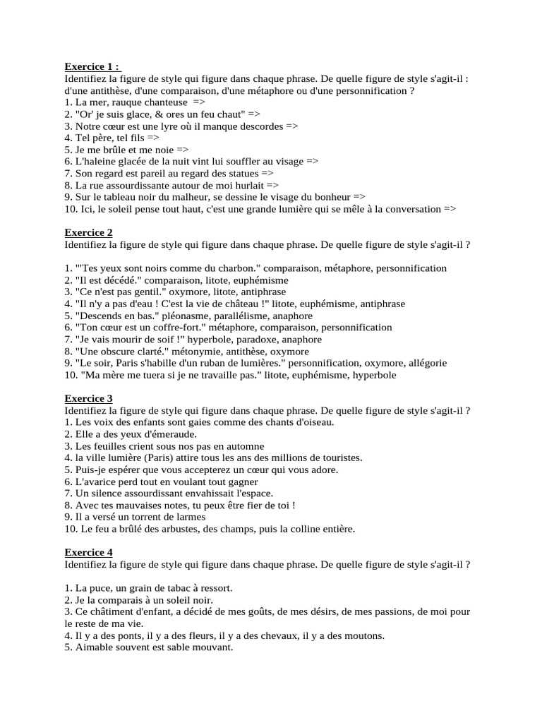 Exercices sur les figures de style | PDF | Métaphore | Techniques de ...