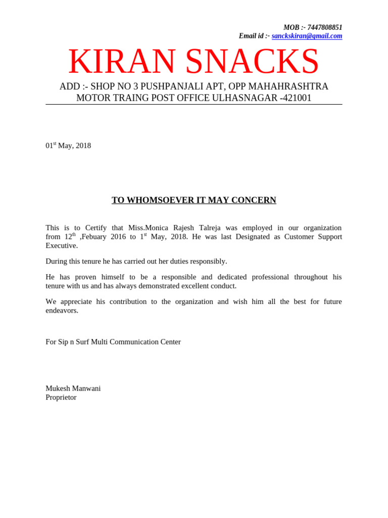 Releiving & Experience Letter | PDF