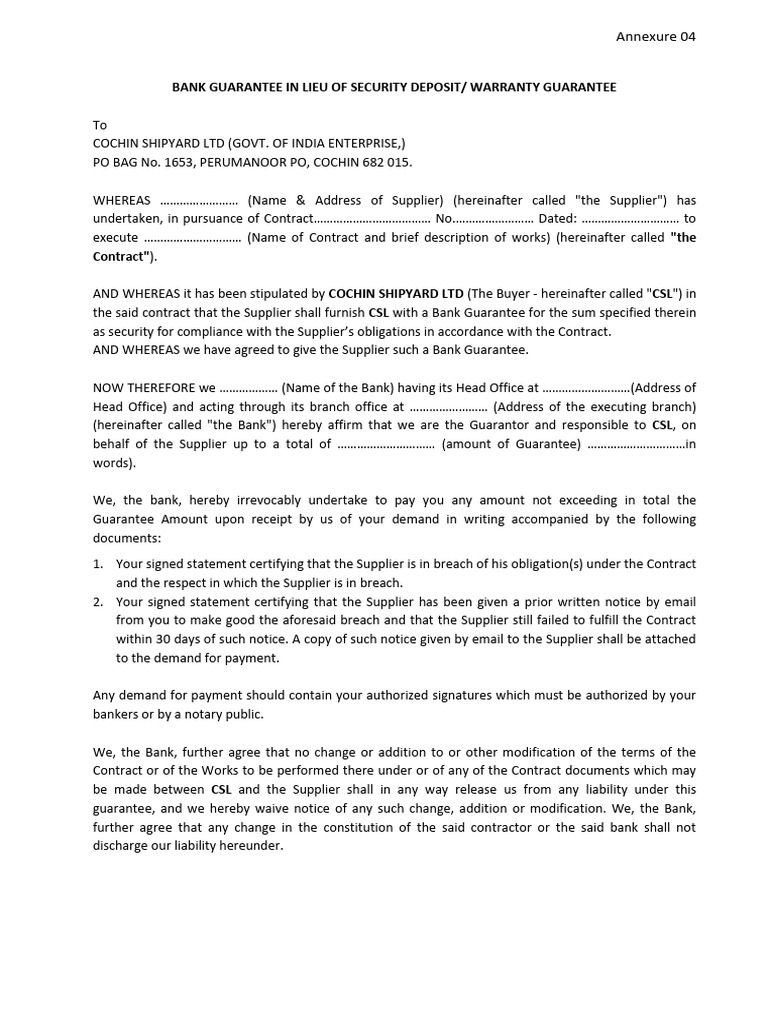 Annexure 3 - Performance Bank Guarantee Format | PDF | Guarantee | Contract Law