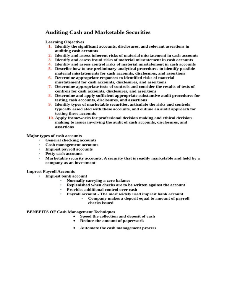 Auditing Cash and Marketable Securities | PDF | Audit | Internal Control