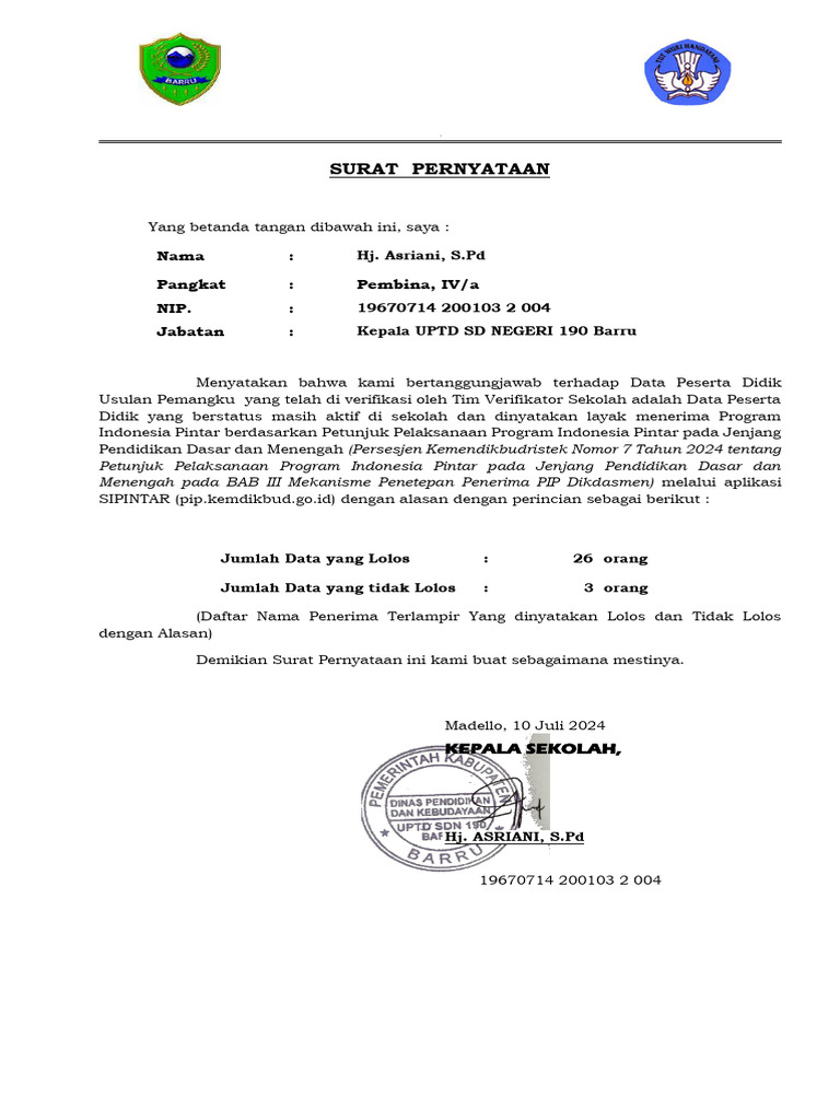Surat Pernyataan Kepsek Uptd Sd Negeri 190 Barru | PDF