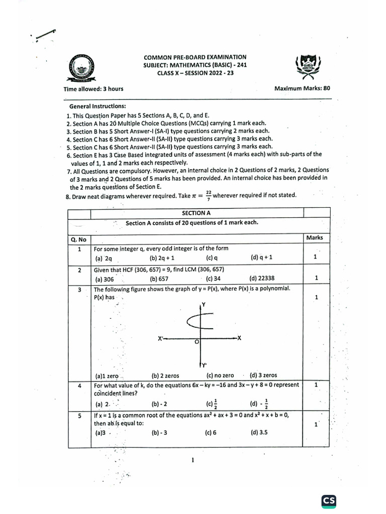 Pre-Boards Mathematics Basic Set 2 | PDF