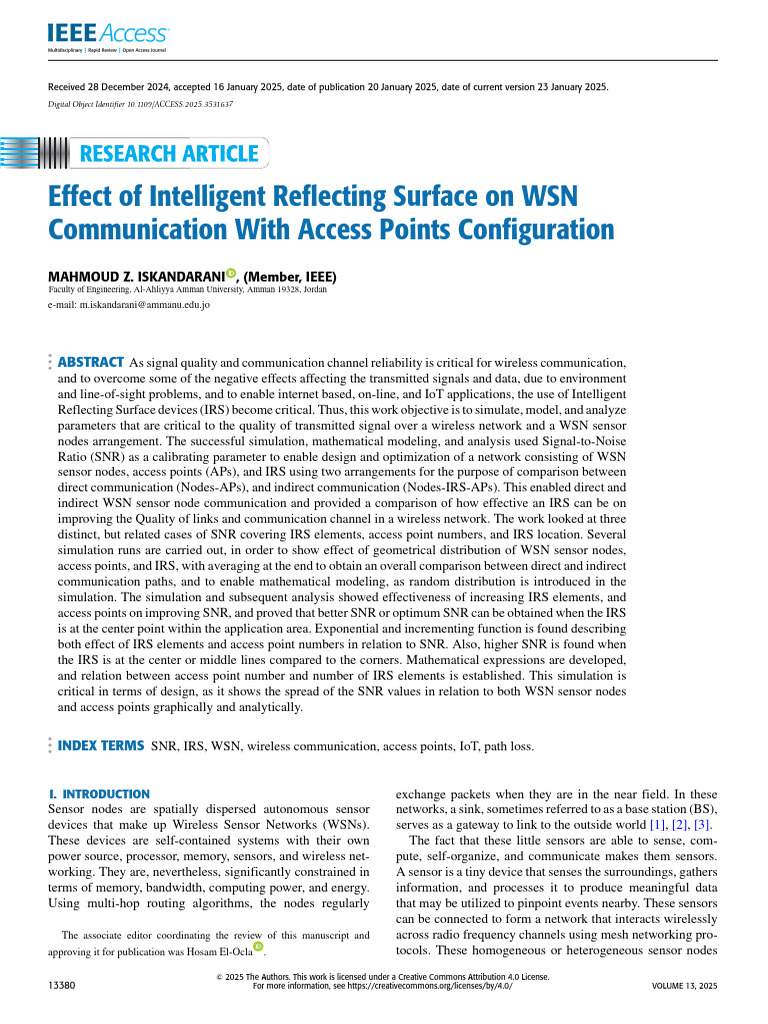 Effect of Intelligent Reflecting Surface On WSN Communication With Access Points Configuration ...