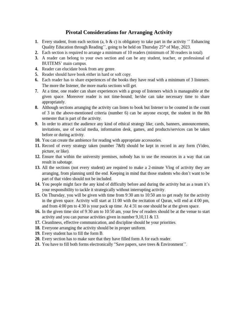 Pivotal Considerations For Arranging Activity | PDF