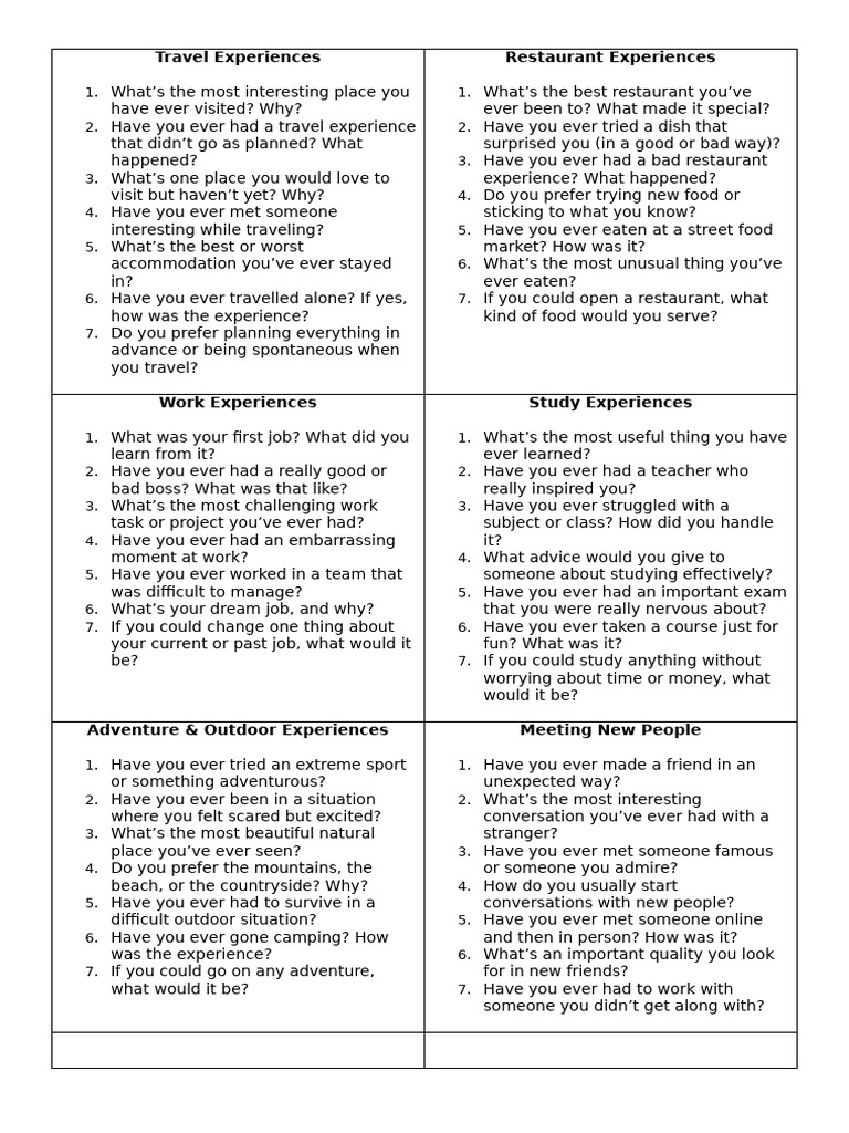 Conversation Experience Cards | PDF | Physical Fitness | Hobbies