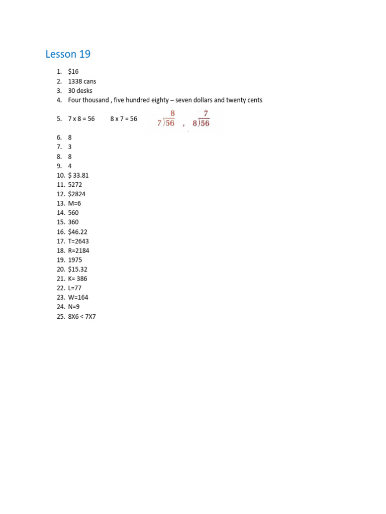 Math Lessons 19-22: Exercises & Solutions | PDF