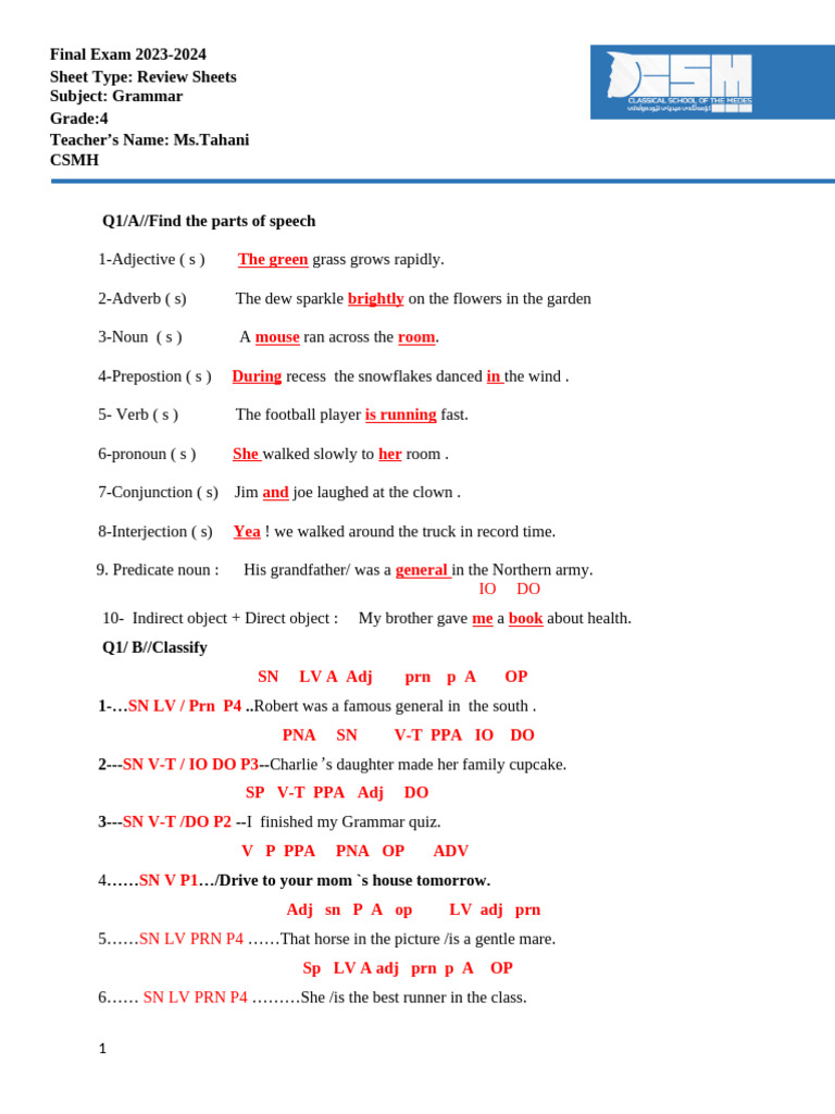 Gr4 Grammar Final Exam Review Sheet AK | PDF | Verb | Adverb