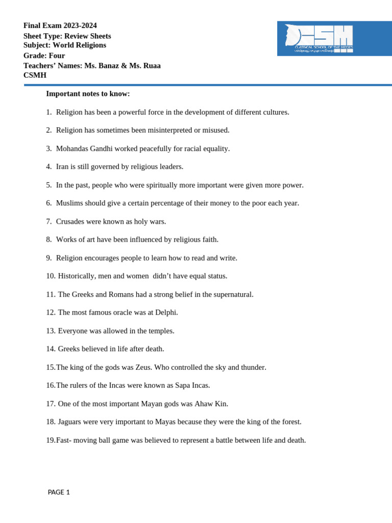 Gr4 World Religions Final Exam Review Sheets AK | PDF | Deities | Goddess