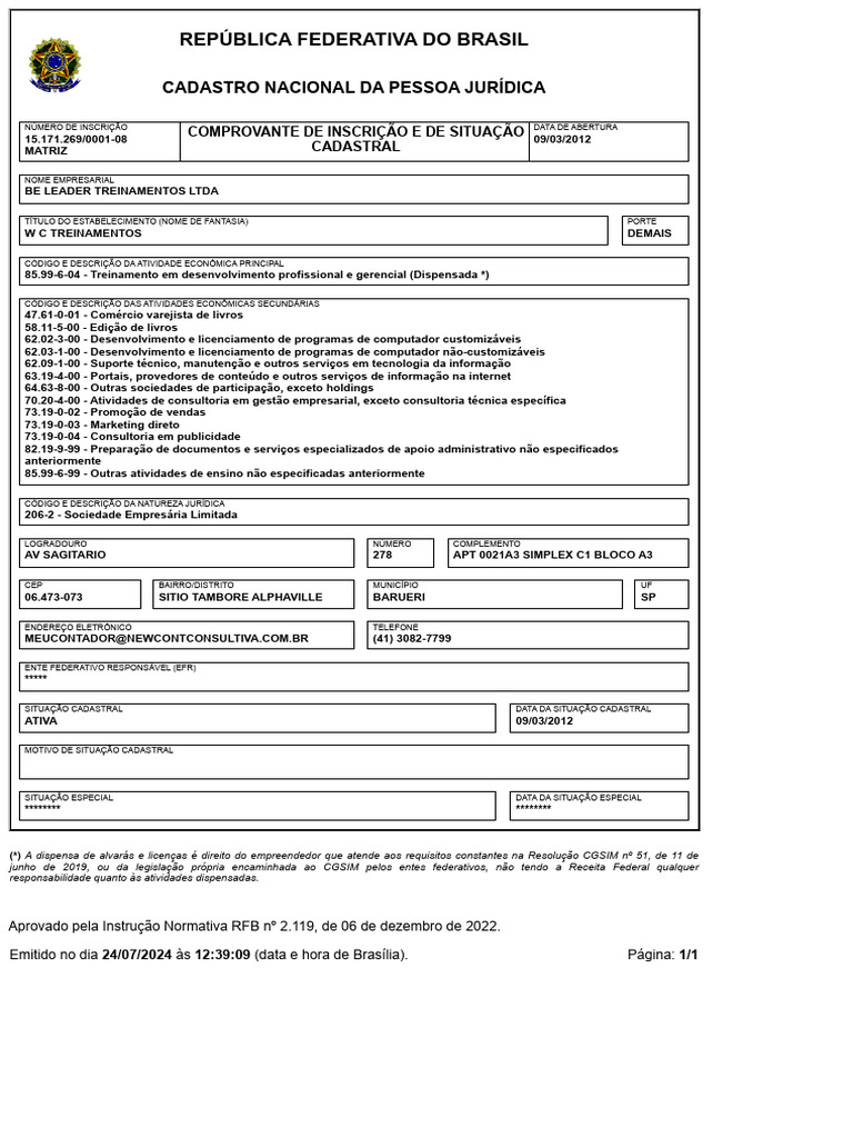 Comprovante CNPJ Be Leader Treinamentos | PDF